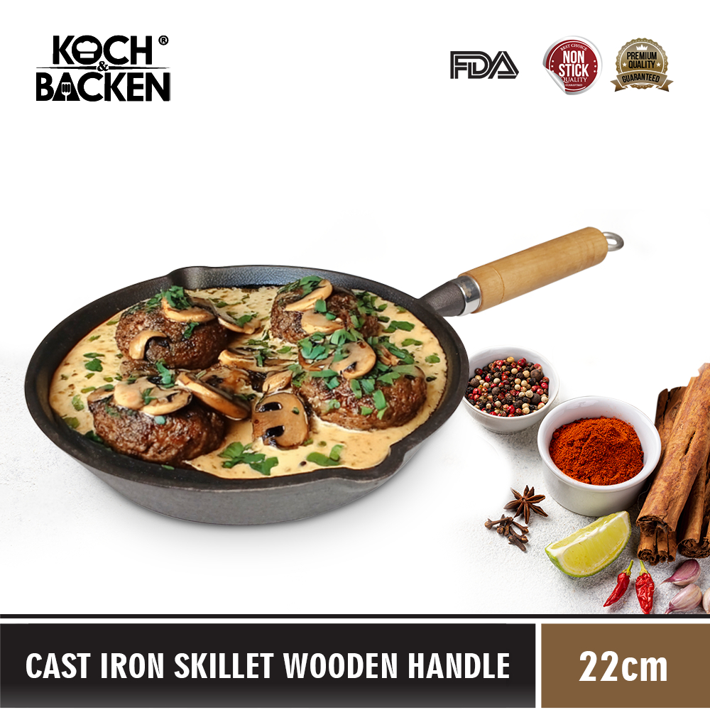 Jual KOCH&BACKEN Cast Iron Skillet Fry Pan Wooden Handle 22cm - Skillet ...