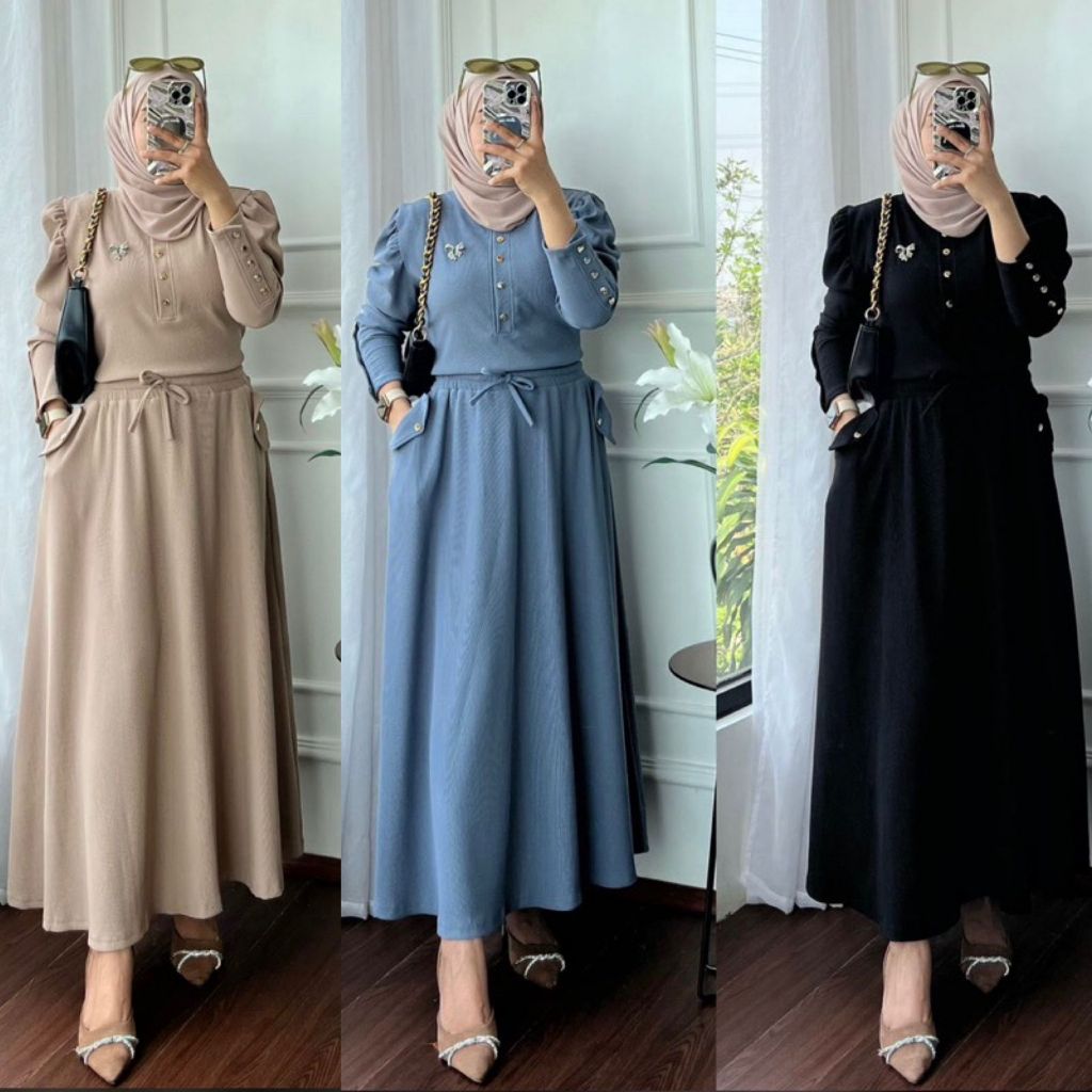 Jual ZIZARA SET ROK TANGAN BALON KNIT PREMIUM // SETELAN ROK WANITA RIB ...