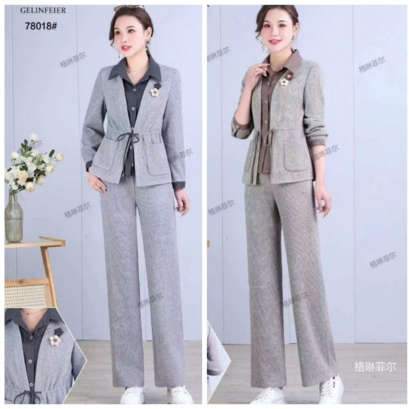 Jual One Set Import Premium Stelan Setcel Knit Corduroy Abu Coklat ...