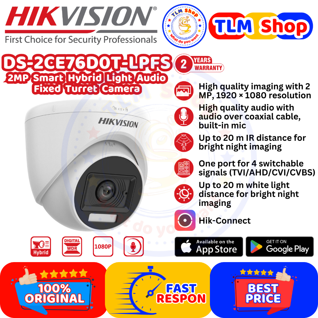 Jual HIKVISION DS-2CE76D0T-LPFS 2MP Smart Hybrid Light Audio Fixed Turret Camera CCTV Indoor ...