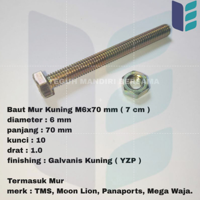 Jual Baut Mur Kuning m6 x 70 mm harga per pcs | Shopee Indonesia