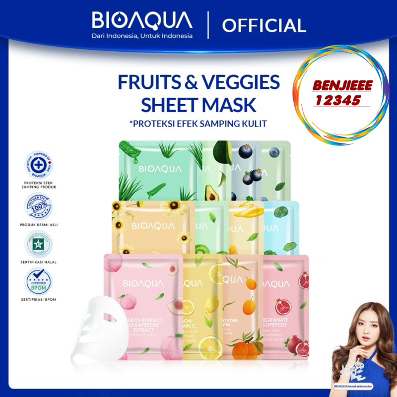 Jual BIOAQUA SHEET MASK facial sheet mask masker wajah fruit veggies cereal biji essence ...
