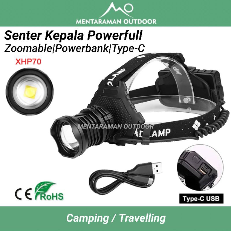 Jual Senter Kepala XHP70 Powerful LED Headlamp Camping 5 Mode Powerbank ...