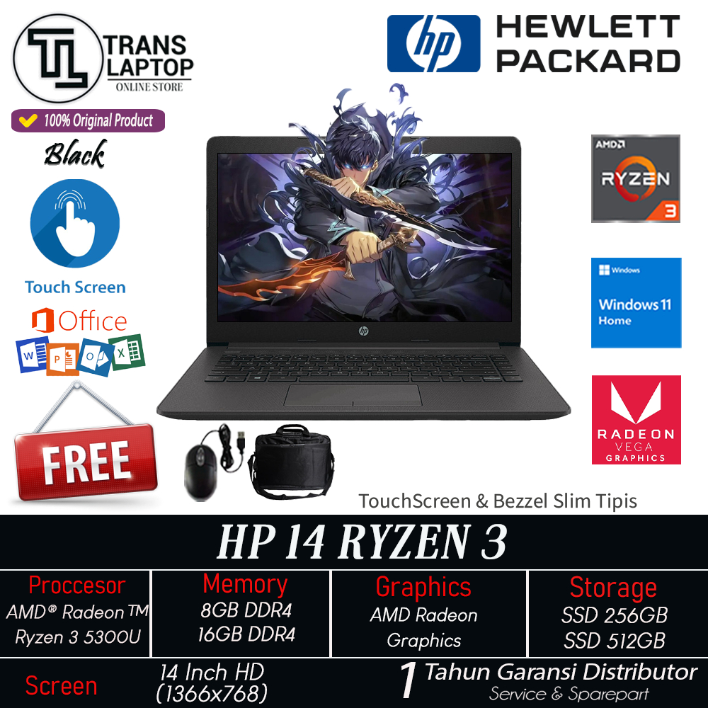 Jual Laptop Gaming HP 14s AMD Ryzen 3 5300U RAM 16GB SSD 1TB Touch ...
