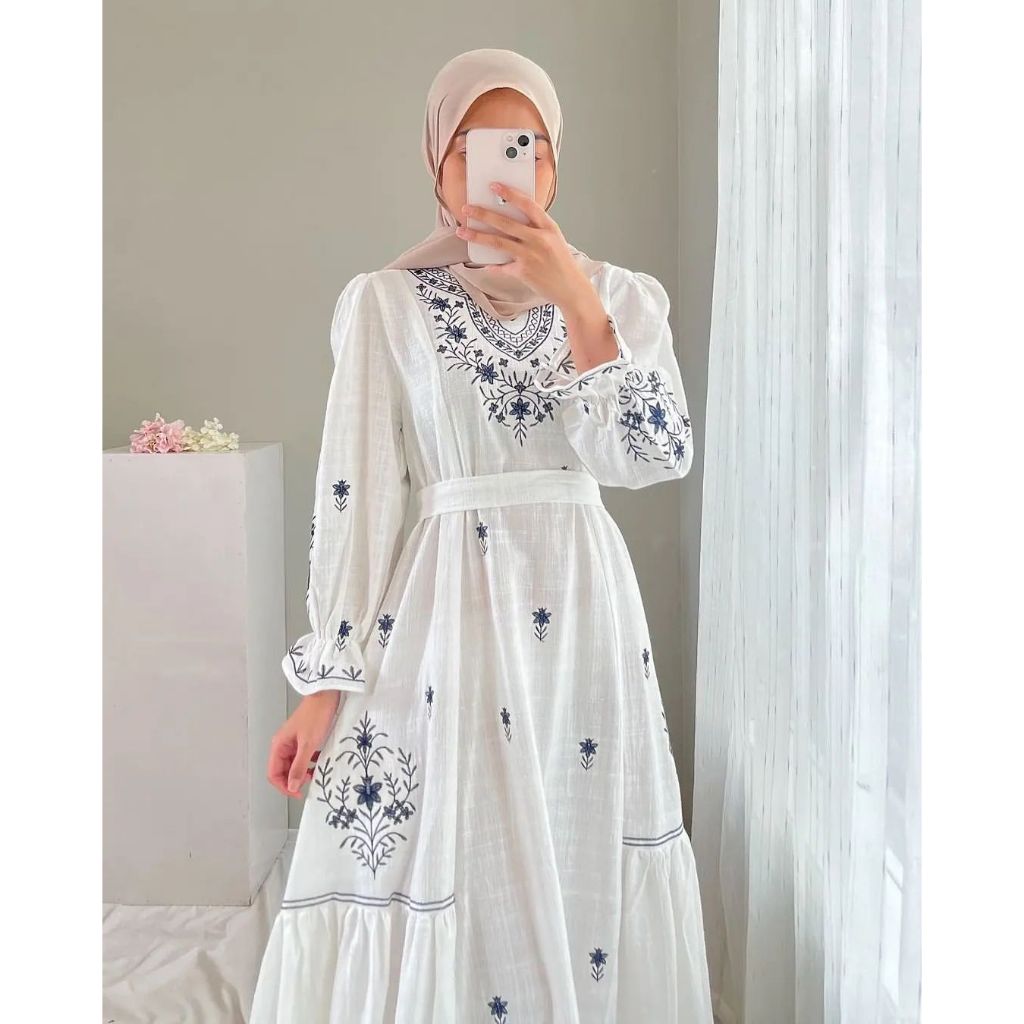 Jual EDELIA DRESS BAHAN POLO LINEN MIX BORDIR / DRESS WANITA MUSLIM ...