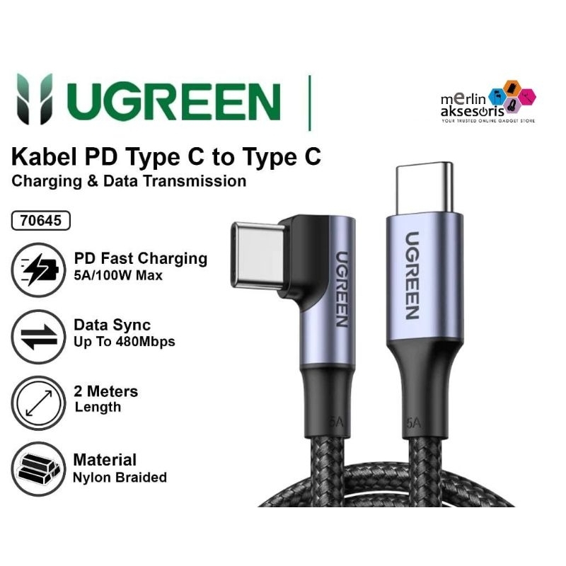 Jual Ugreen kabel data C TO C 70643,70645 100W gaming nylon 1M black ...