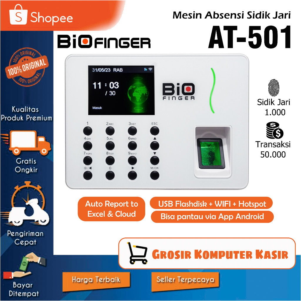 Jual BIOFINGER Mesin Absensi Sidik Jari AT-501| USB WiFi Auto Excel ...