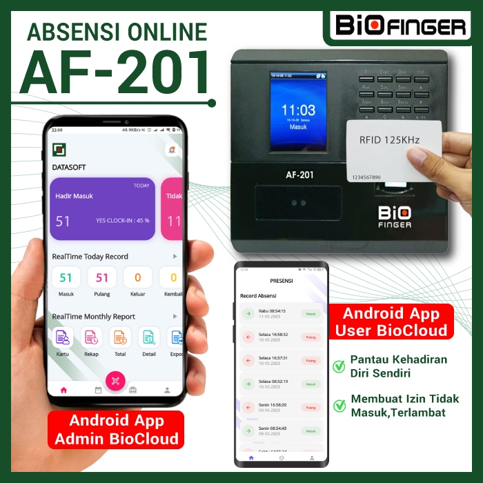 Jual Fingerprint Absensi Wajah Jari Kartu BioFinger AF-201 USB LAN ...