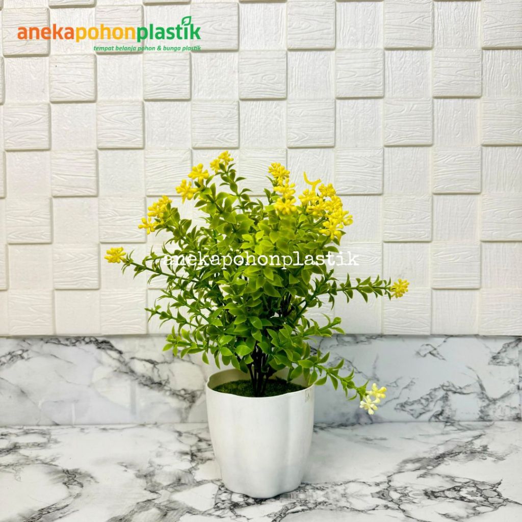 Jual Pohon Daun Buxus Bunga Kuning Pohon Artificial Pot Plastik Putih ...