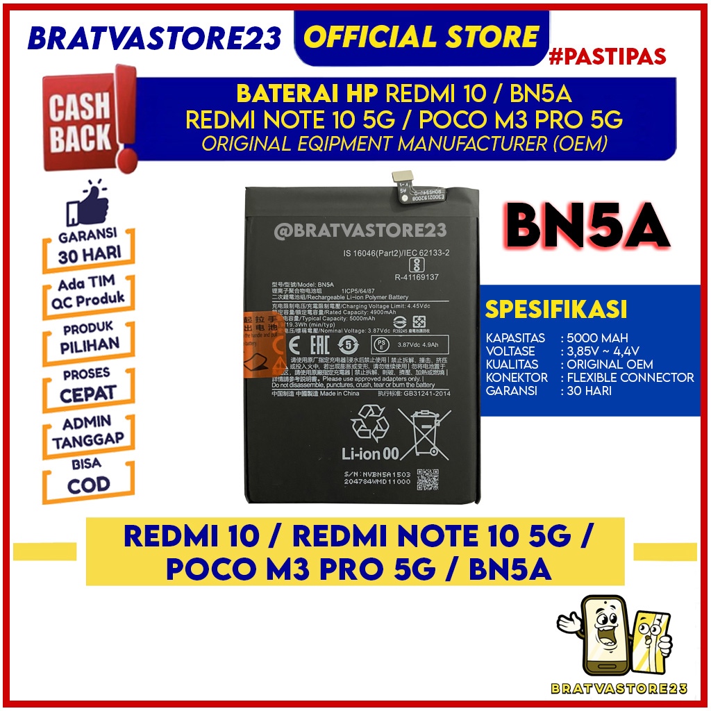 Jual Baterai Redmi 10 / Redmi Note 10 5G / Poco M3 Pro 5G BN5A Batre ...