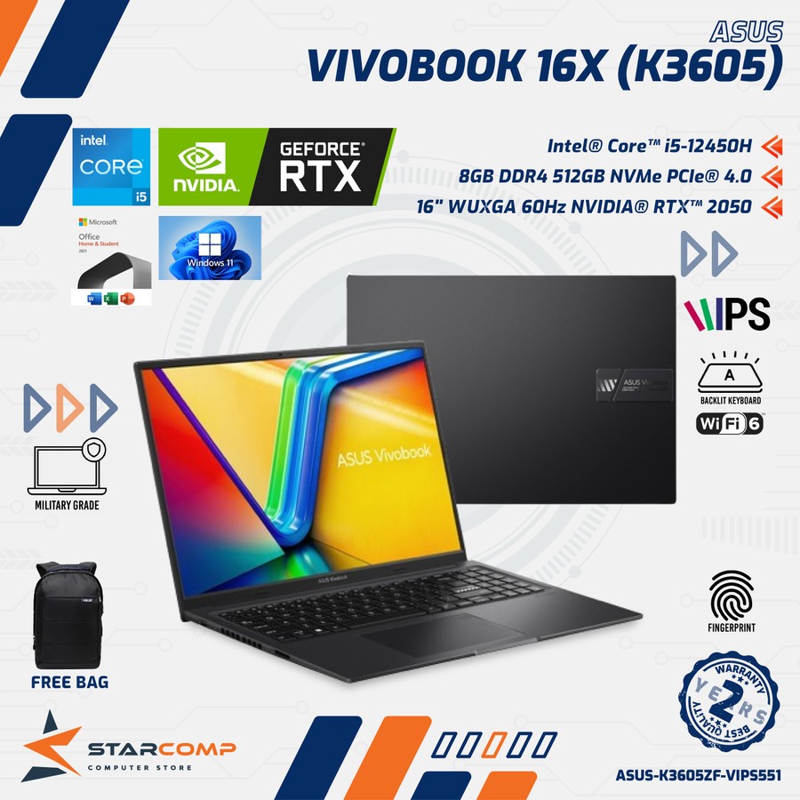 Jual ASUS Vivobook 16X K3605ZF i5-12500H RTX2050 8GB 512GB 16" WUXGA IPS W11 OHS | Shopee Indonesia
