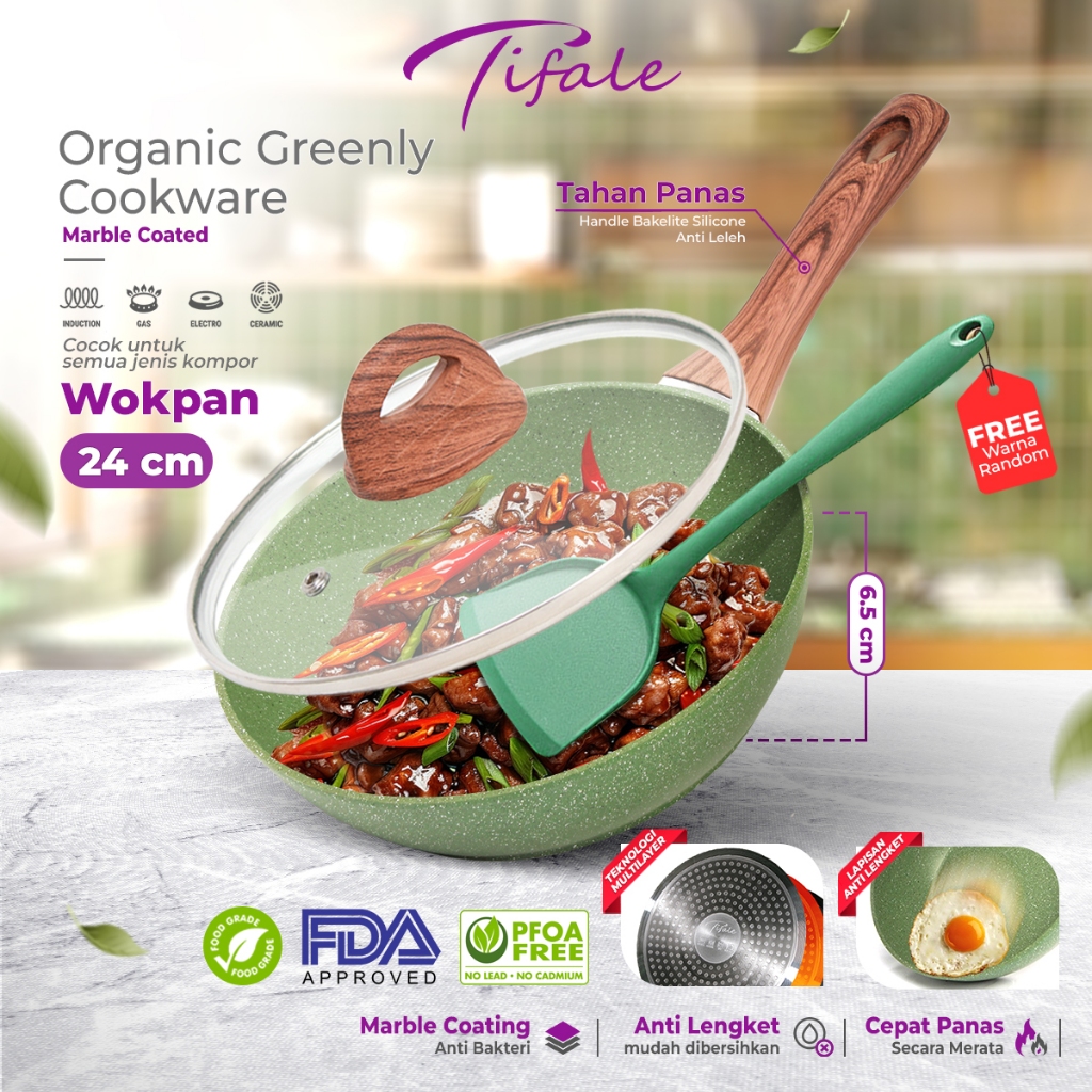 Jual Tifale Organic Greenly Cookware Wokpan 24cm Marble Coated Anti Lengket Handle Bakelite ...