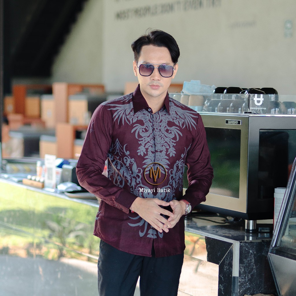 Jual MIYAYI Baju Batik Kemeja Batik Warna Burgundy Bahan Katun Sanforis ...