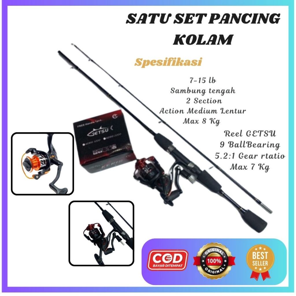 Jual Satu Set joran kolam Spinning ajiro dan Reel Getsu 1000 kolaman galatama Spinning Casting ...