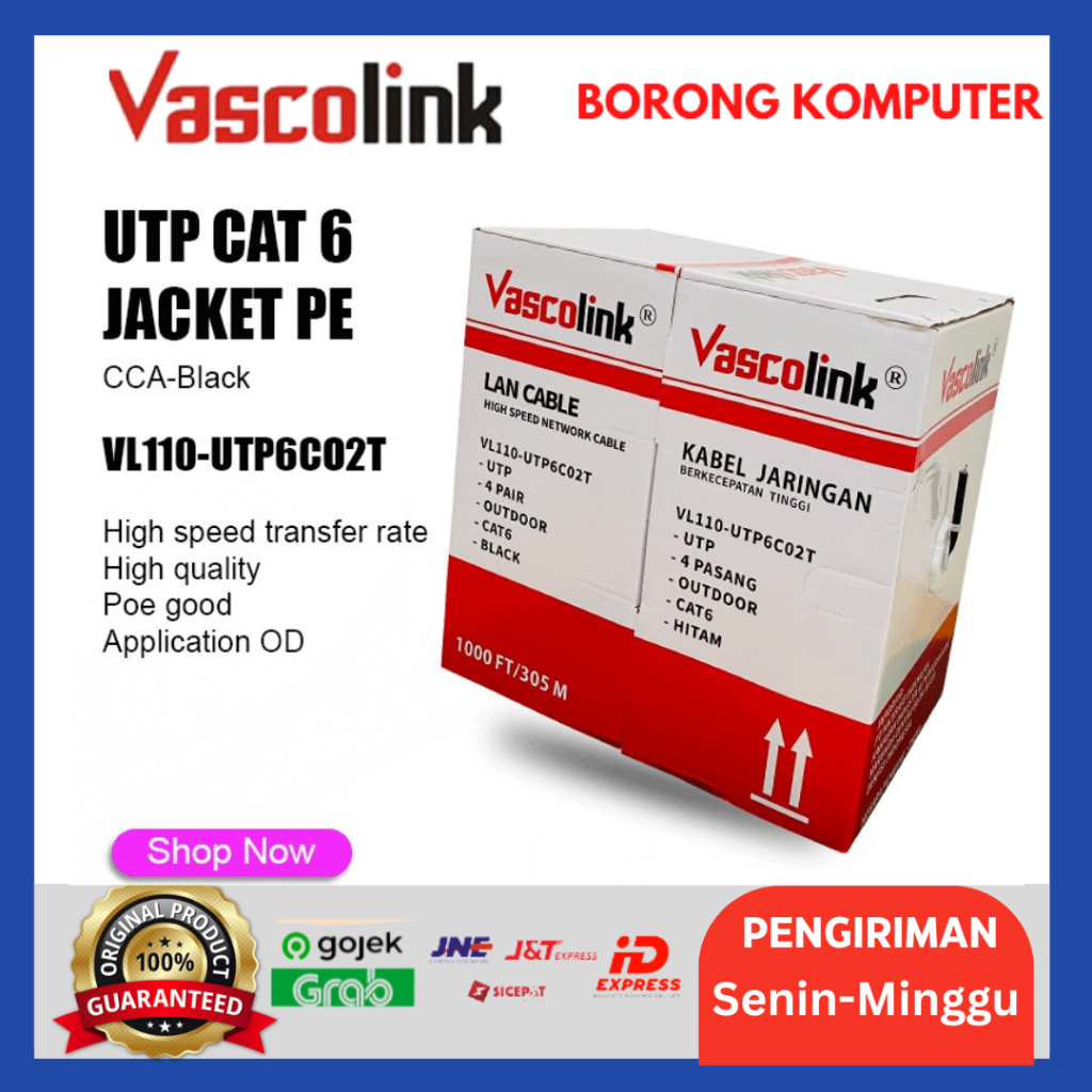 Jual VASCOLINK Kabel LAN UTP Outdoor CAT 6 / CAT6 (Black) - 1roll 305meter | Shopee Indonesia