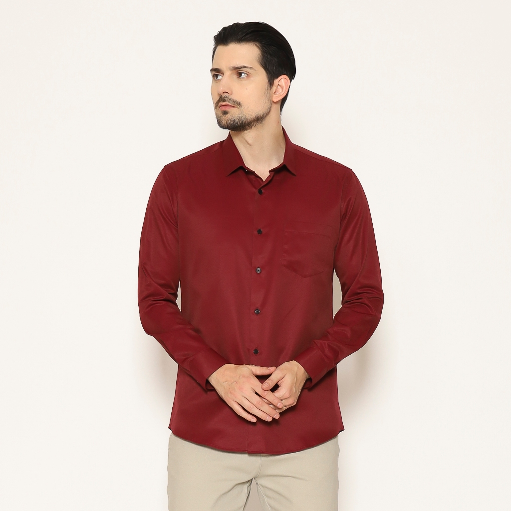 Jual MAGINOT Kemeja Pria Basic Polos Lengan Panjang MAROON | Shopee Indonesia