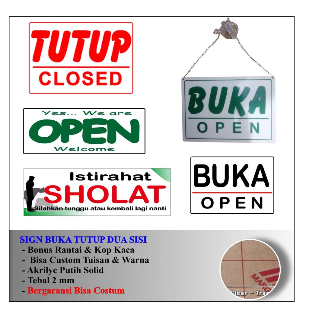 Jual AKRILIK OPEN CLOSED BUKA TUTUP DUA SISI BONUS RANTAI KOP KACA ...