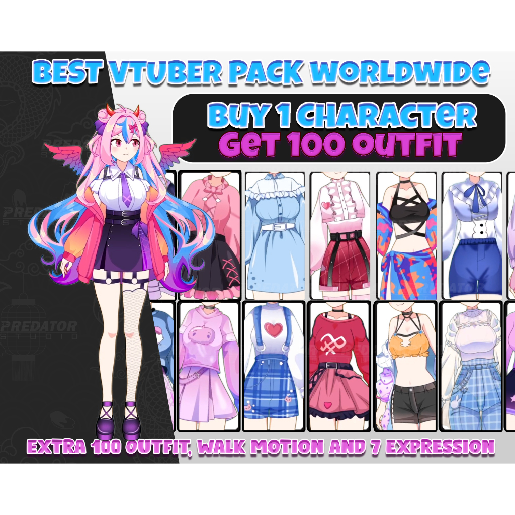 Jual Paket Komplet Vtuber Live2D: 1 Karakter dengan 100 Outfit dan Walk Motion, Vtuber Live ...