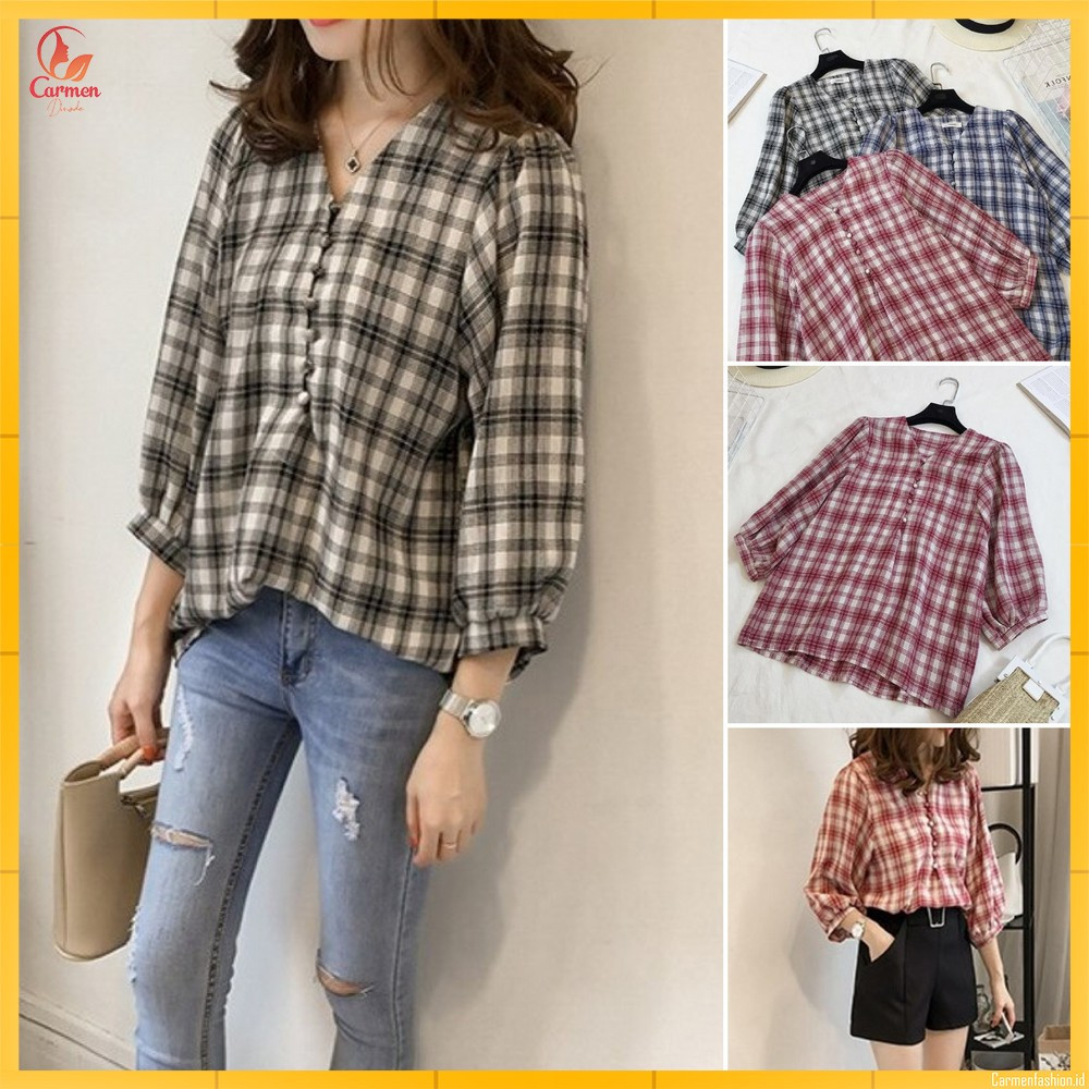 Jual Blouse Wanita Lengan Panjang V Neck Motif Kotak Bahan Lembut ...