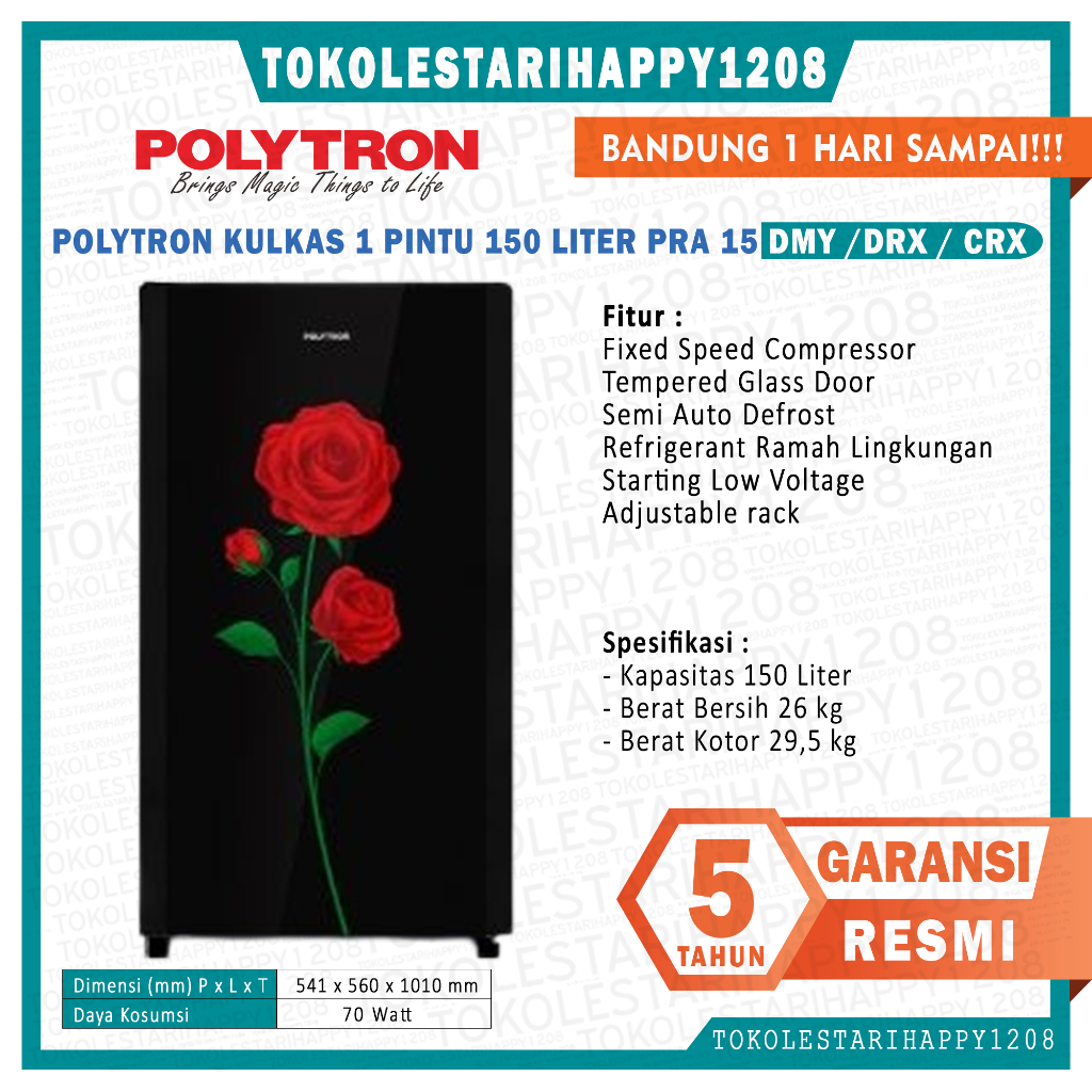 Jual Kulkas Polytron 1 Pintu Belleza 150 liter PRA 15 DMY/DRX /CRX ...