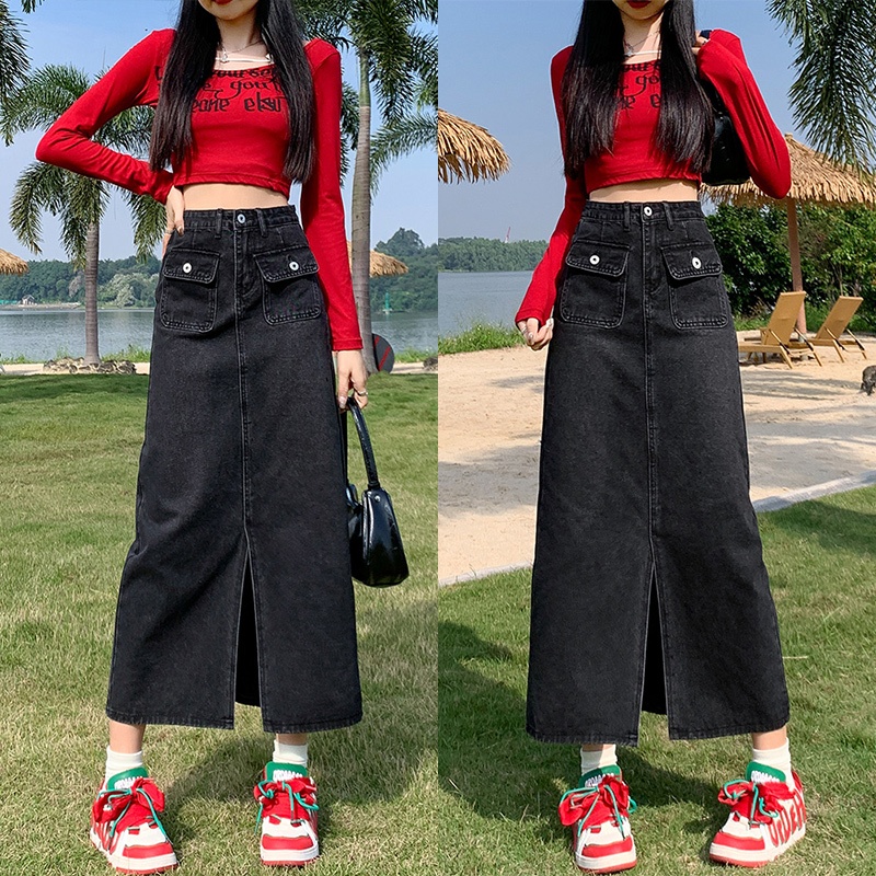 Jual Button Pocket New Hitam Rok Denim Panjang Wanita Korean Style/ Rok ...