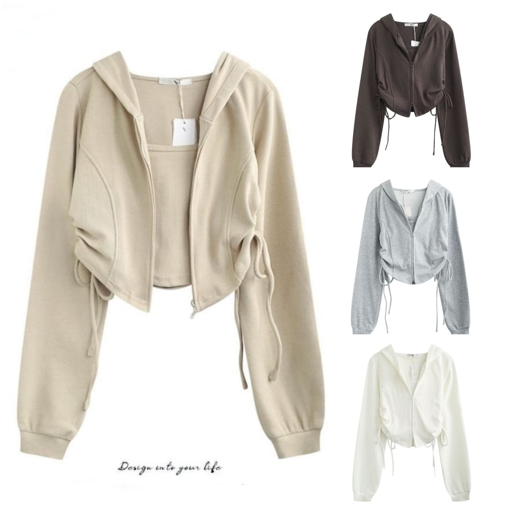 Jual Jaket Wanita Korean Style Adella Crop Zipper Serut - jaket casual ...
