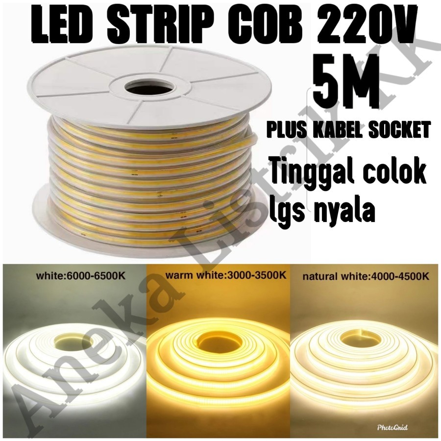 Jual LAMPU LED STRIP COB 220V 5M FLEXIBLE OUTDOOR PUTIH 6500K NATURAL ...
