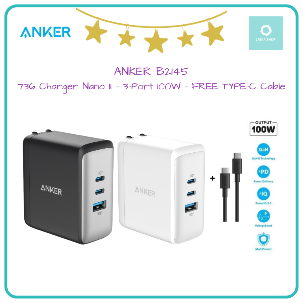 Jual ANKER B2145 - 736 Charger Nano II - 3-Port 100W - FREE TYPE-C Cable | Shopee Indonesia