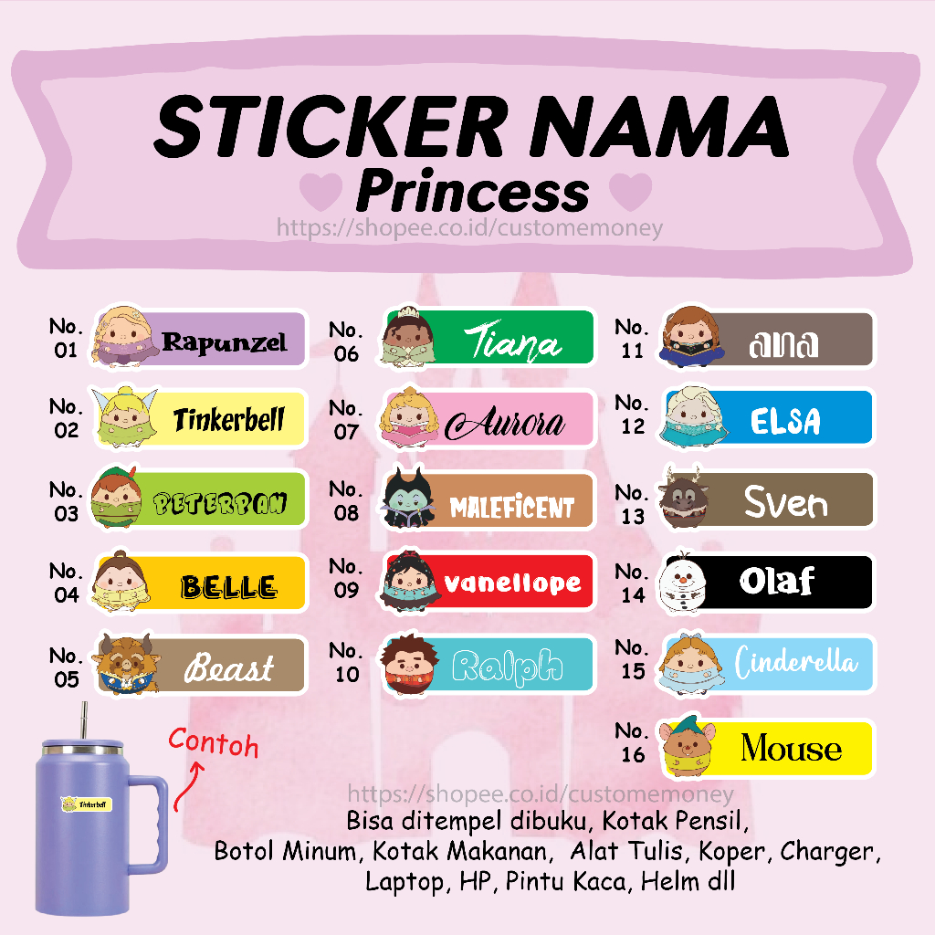 Jual STICKER LABEL NAMA KARAKTER KARTUN PRINCESS DISNEY CUTE LEBEL ...