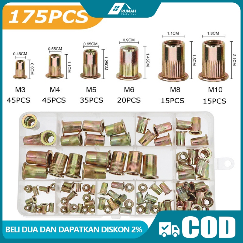 Jual 175PCS M3-M10 Mur Rivet Nut Rivnut Kuning Besi Carbon Steel ...