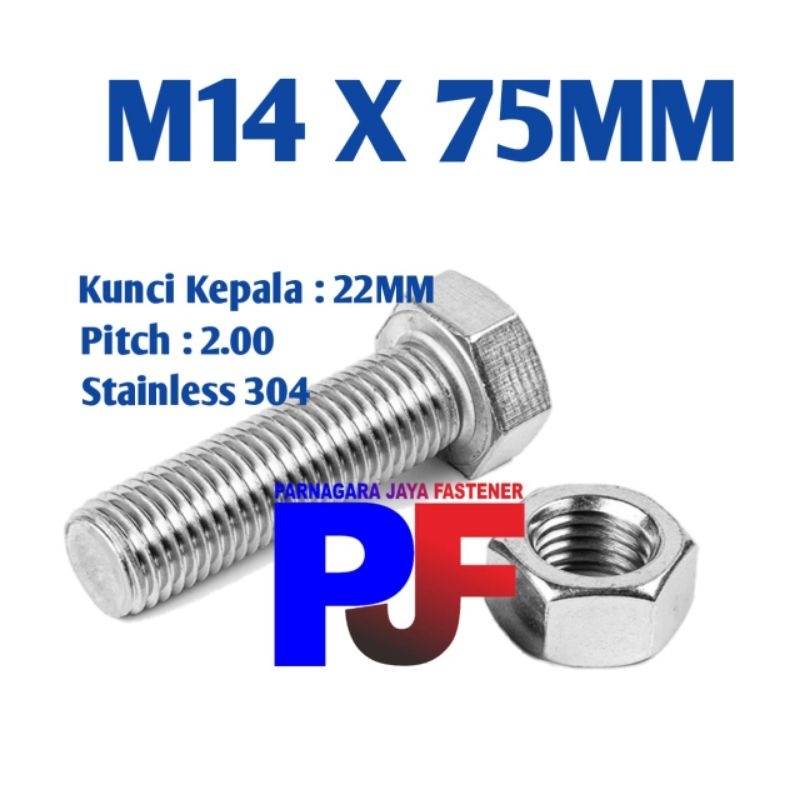 Jual Mur Baut / Bolt Nut M14 x 75 mm Stainless Steel 304 | Shopee Indonesia