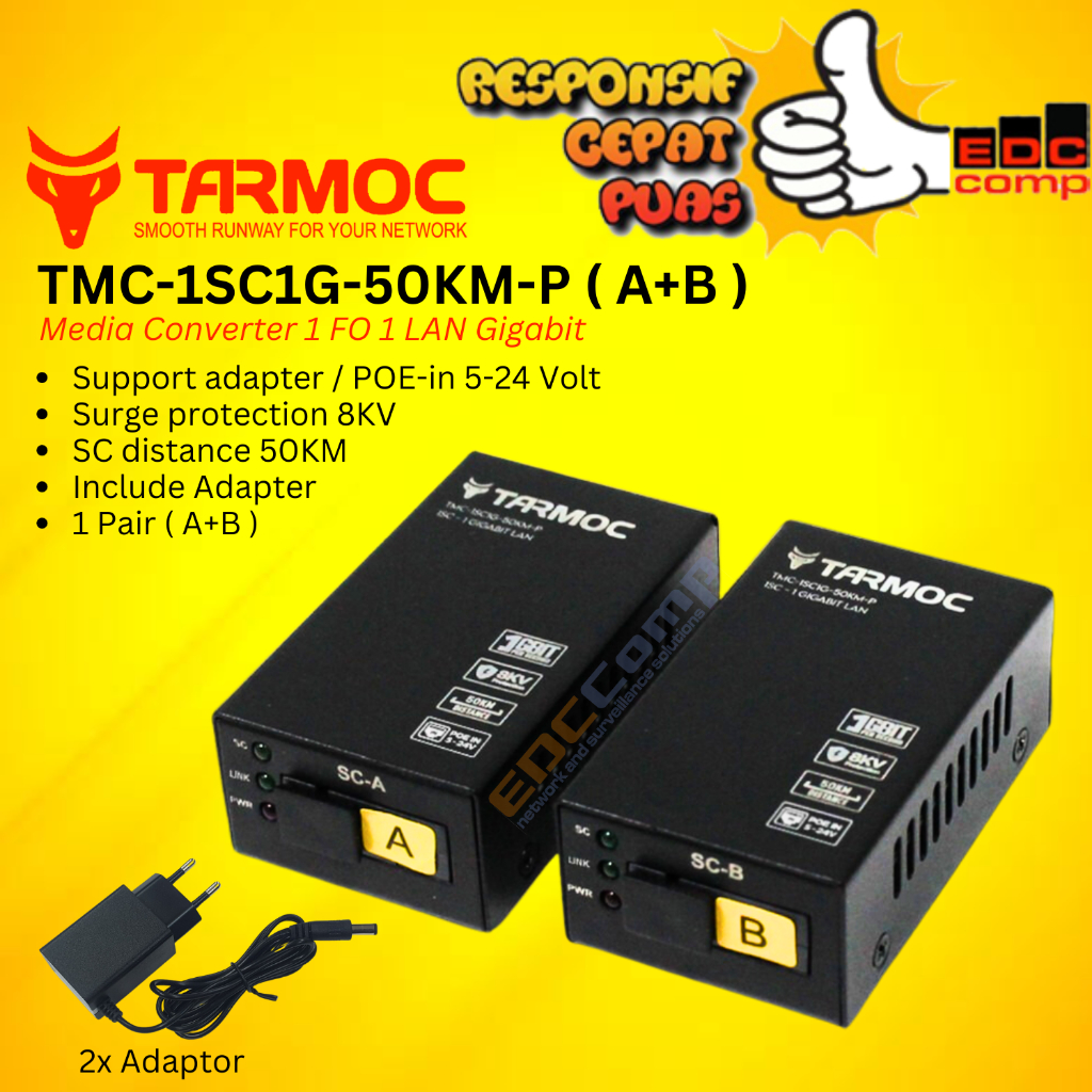 Jual Tarmoc TMC-1SC1G-50KM-P | Media Converter 1 FO 1 LAN Gigabit POE IN 5-24V 50KM | HTB GS03 1 ...