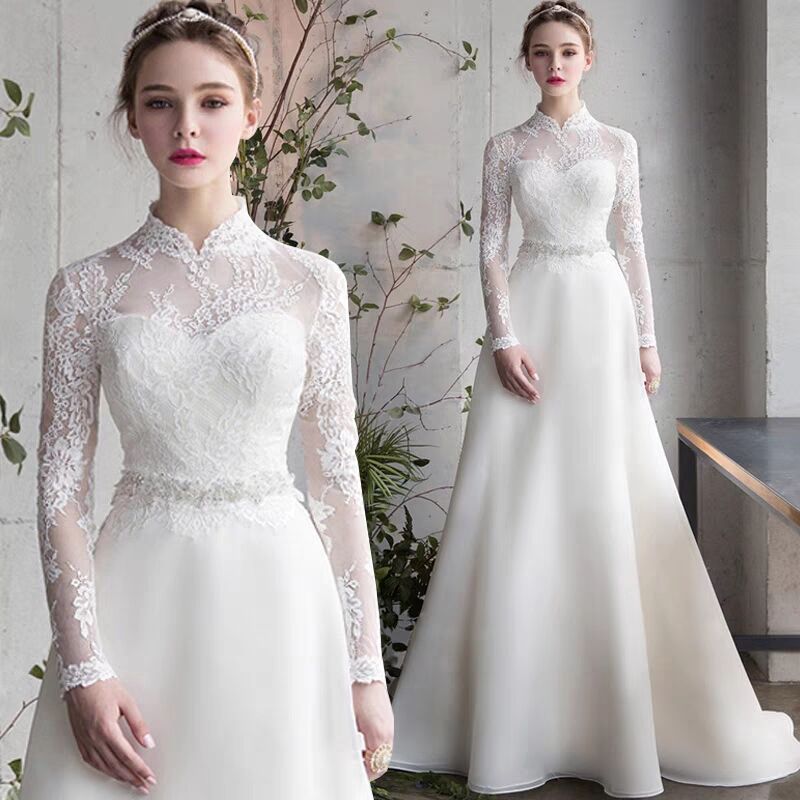 Jual Women French Lace Long Sleeve Wedding Dresses French Fashion ...
