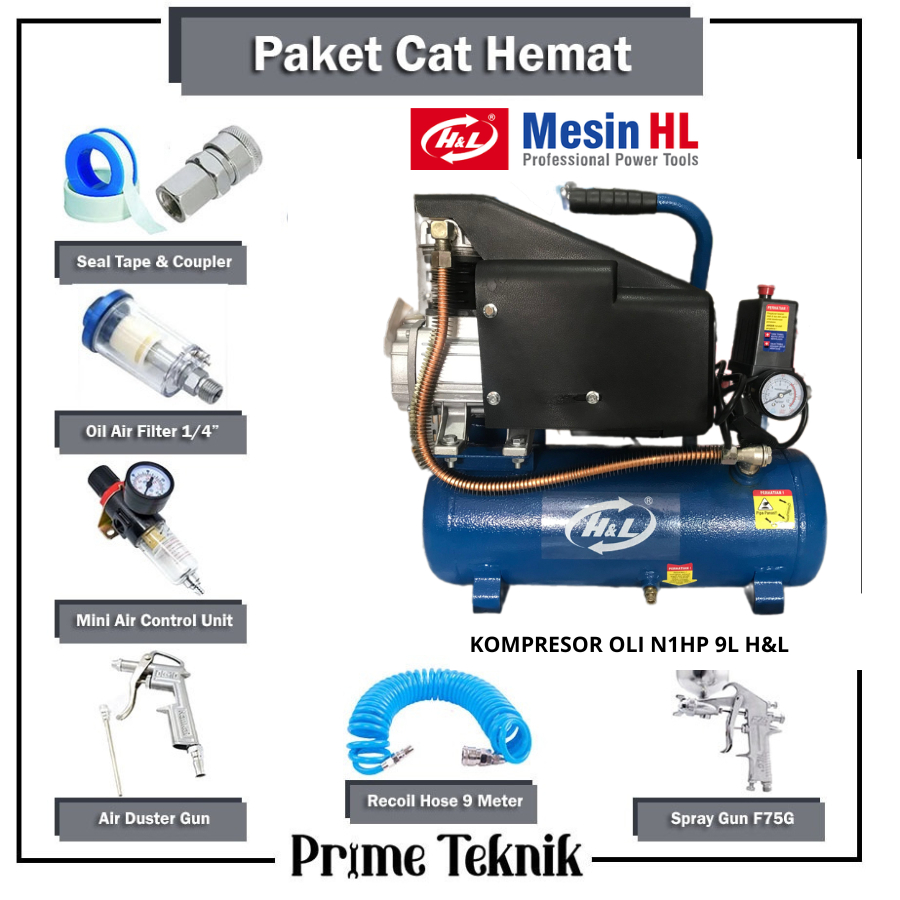 Jual PAKET Hemat Murah Kompresor Listrik H&L N1HP 9 Liter Portable Air ...