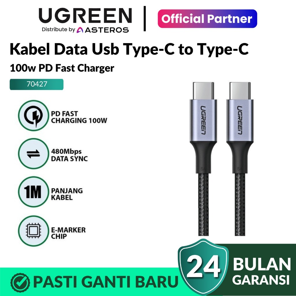 Jual Ugreen USB-C 20v 5A to USB-C Braided Cable 1m Black 70427 70429 ...
