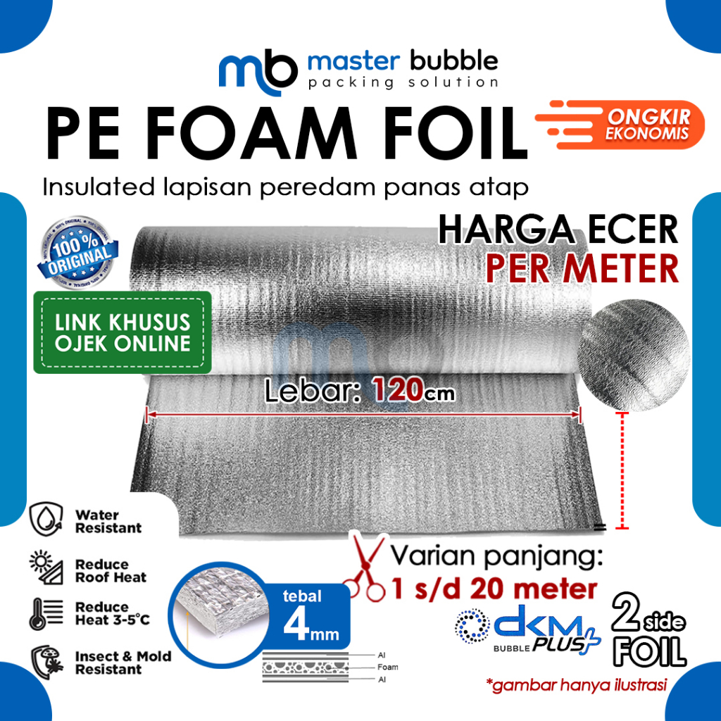 Jual PE Foam Insulation 4mm Foil DKM+ Harga Ecer Meteran 120cm x 1meter / Peredam Panas Atap ...