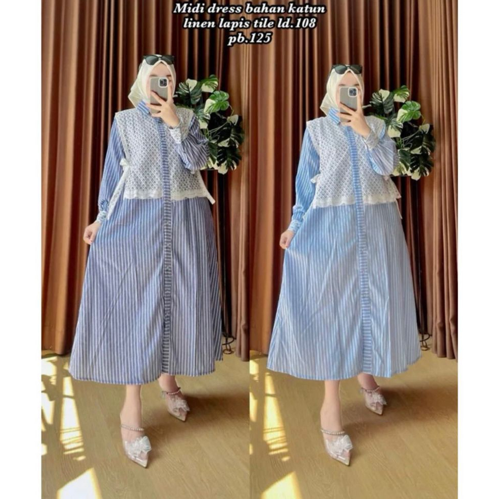 Jual Midi Dress Wanita Terbaru/Liona Midi Dress/OOTD Kekinian/Bahan Katun Linen Lapis Tile ...