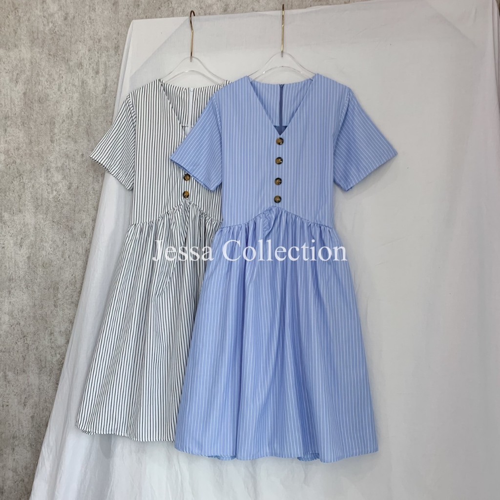Jual Dress Cotton Deci FG Gaun Midi Wanita Tangan Pendek Motif Stripe ...