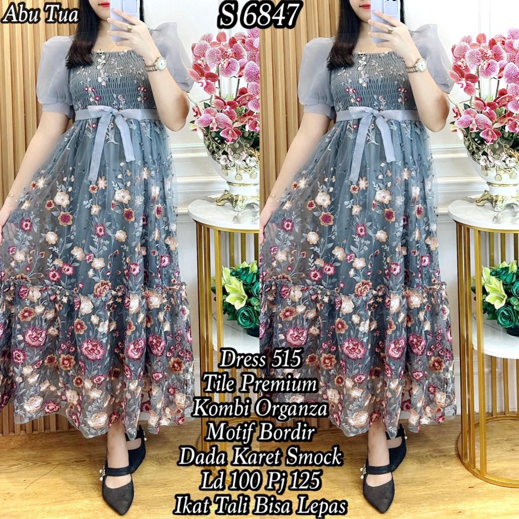 Jual S 6847 #Dress Maxi Tile Bordir Bunga Karet Smock Kombinasi Organza ...