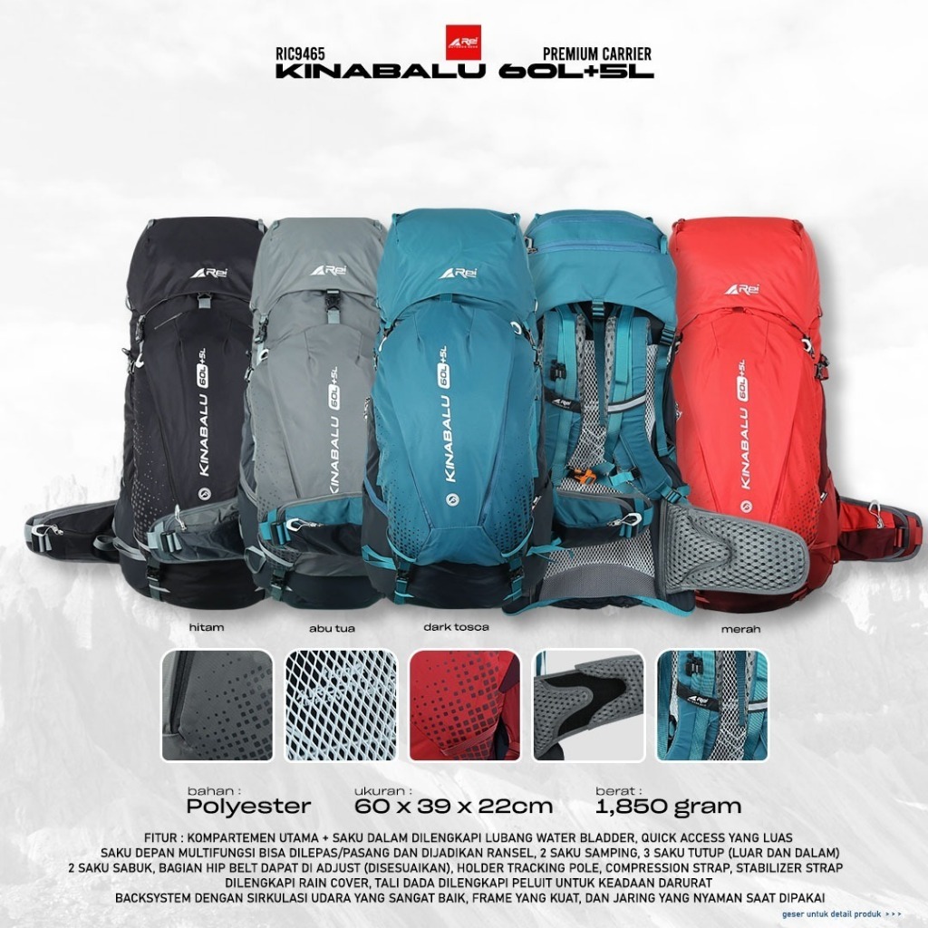 Jual Tas Gunung / Carrier Arei Kinabalu 60+5 Liter Premium Arei ...