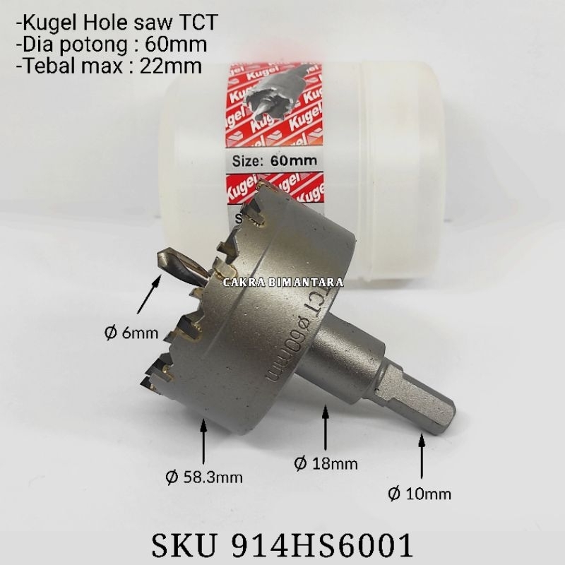 Jual Kugel Hole saw 60mm TCT Holesaw 60 mm mata bor plong besi plat 60 ...