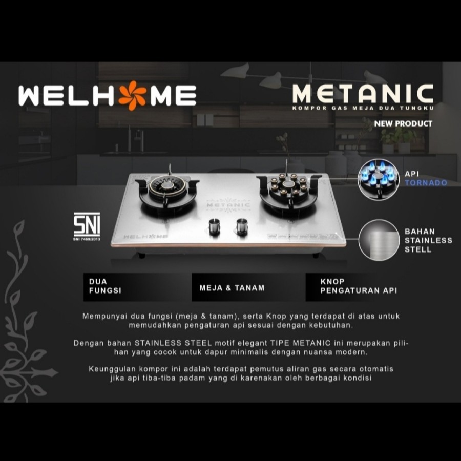Jual WELHOME KOMPOR GAS TUNGKU LIPAT MEJA & TANAM METANIC STAINLESS ...