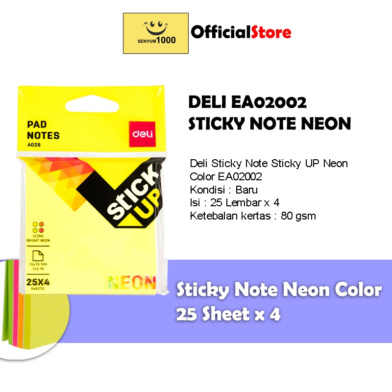 Jual Deli Sticky Note Neon Color 76 x 76mm EA02002 | Shopee Indonesia
