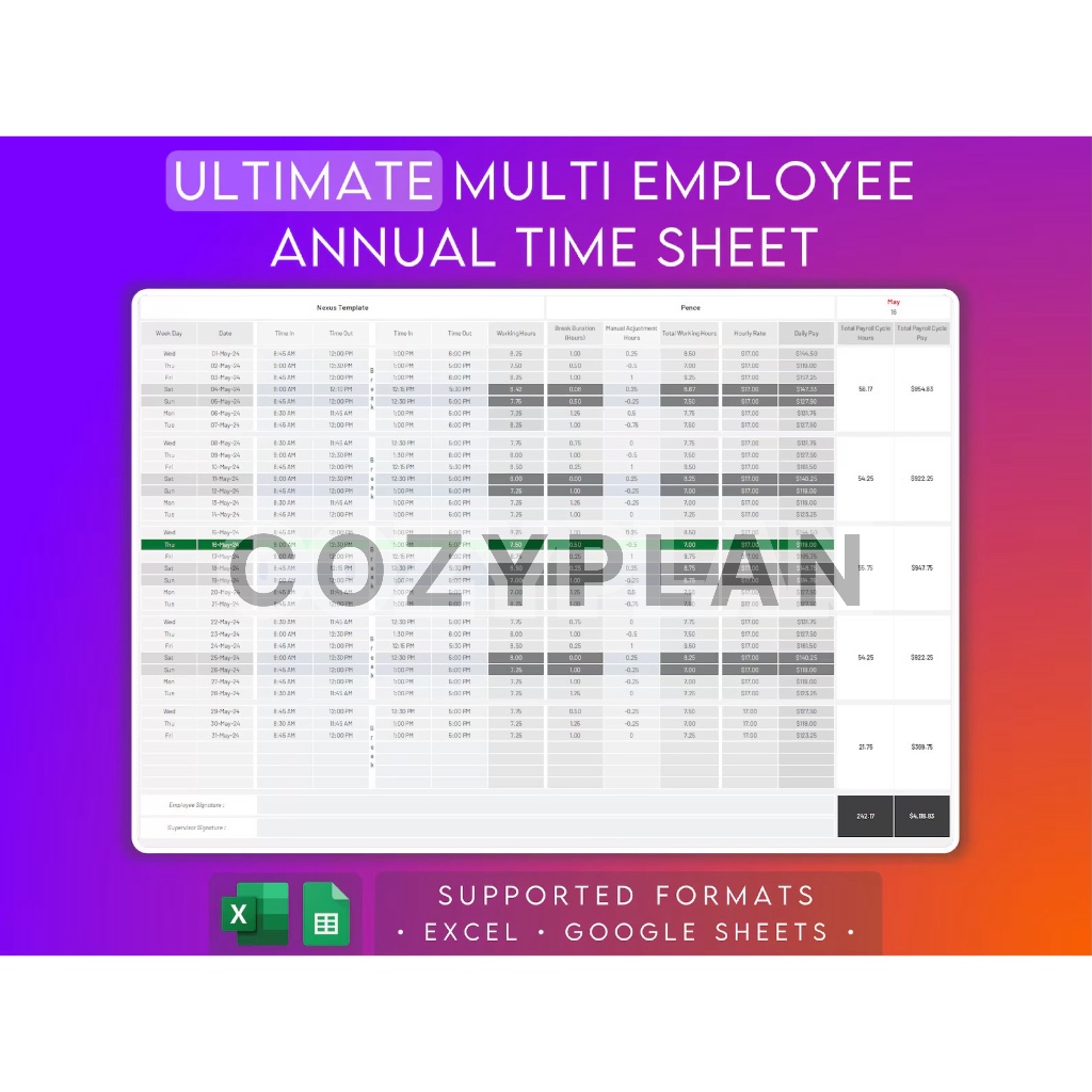 Jual Multiple Employee Payroll Timesheet Excel & Google Sheets | 2024 ...