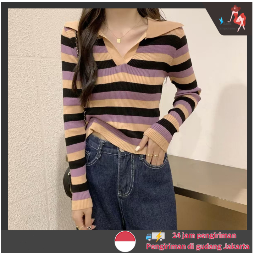 Jual Karley - Rajut Stripe Shirt Wanita Baju Garis Garis Wanita Lengan Panjang | Shopee Indonesia