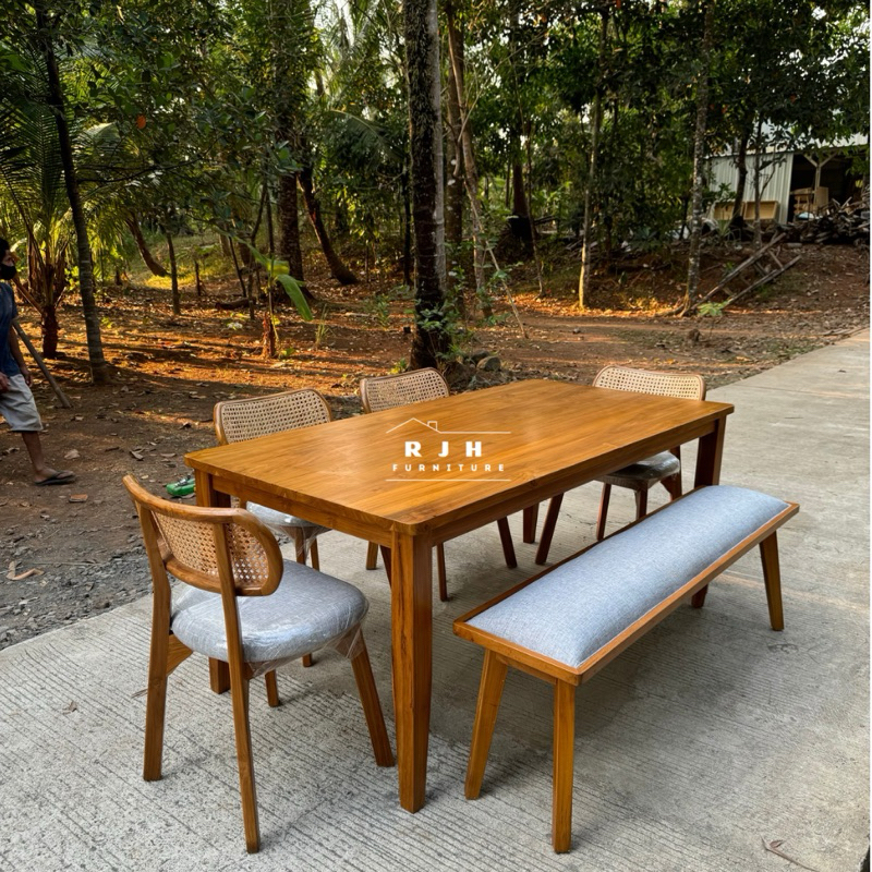 Jual SET MEJA MAKAN BENCH, MEJA MAKAN MINIMALIS KAYU JATI, DINING SET JATI TOP TABLE 180CM ...