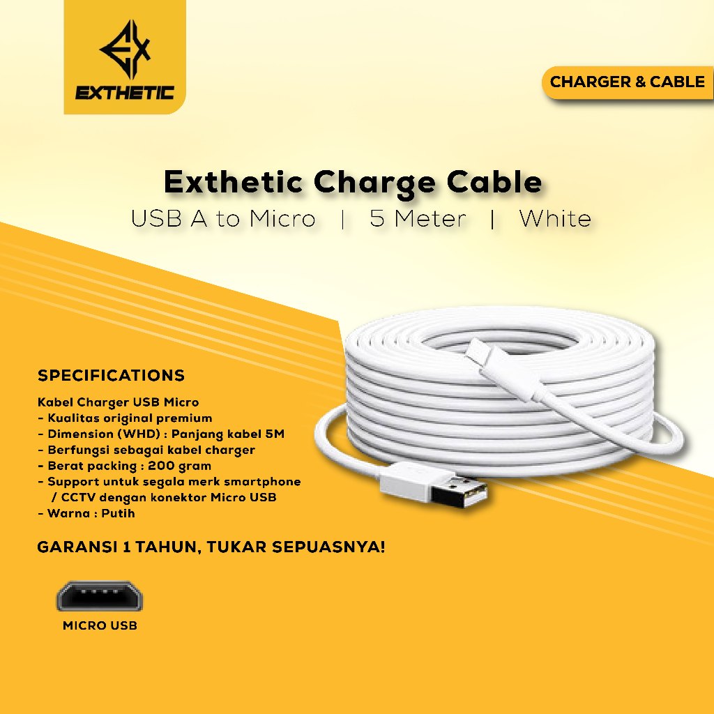 Jual Kabel Data CCTV 5 Meter Exthetic Micro USB Cable EK05 Putih Hitam | Shopee Indonesia