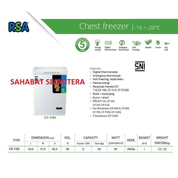 Jual RSA Chest Freezer Kap 96Liter CF-110 Freezer Box Pembeku Daging ...