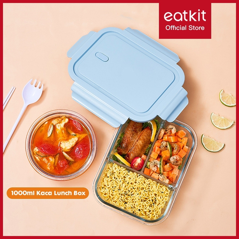 Jual Eatkit Kotak Bekal Kaca 1000ml Lunch Box Microwaveable Tempat Makan 3 Sekat Food Storage ...