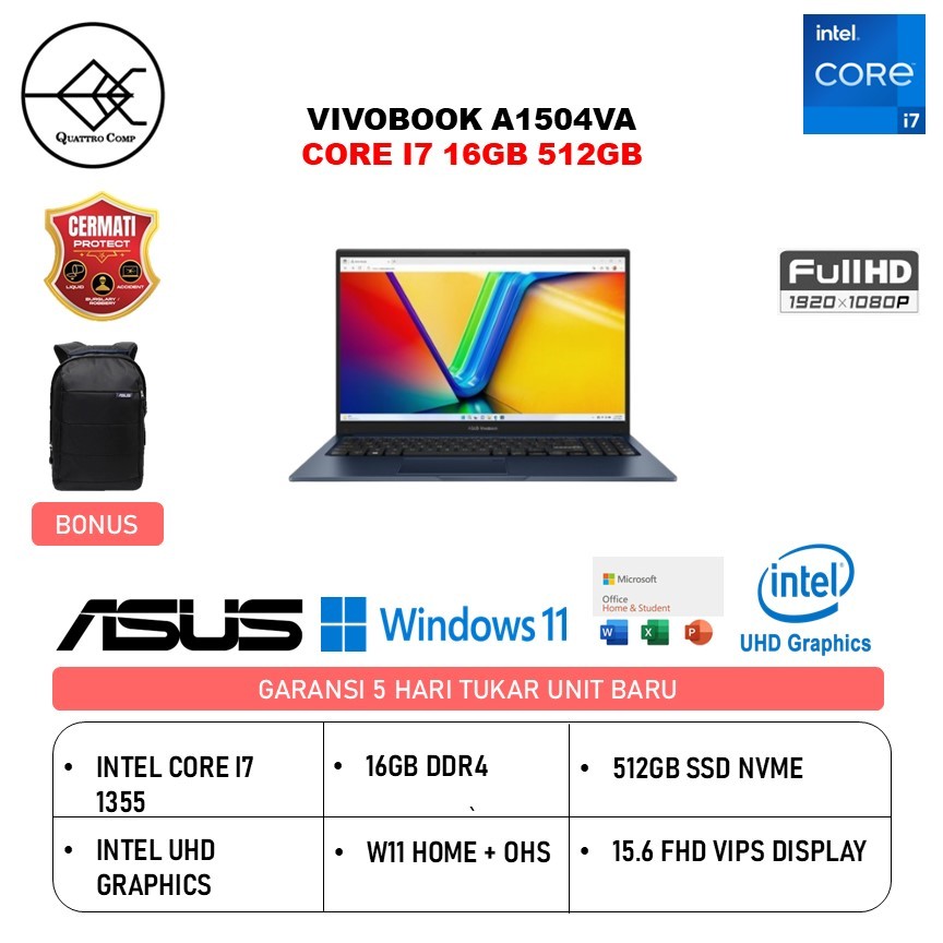 Jual Asus Vivobook 15 A1504VA I7 1355 16gb 512gb w11+Ohs 15.6Fhd VIPS ...